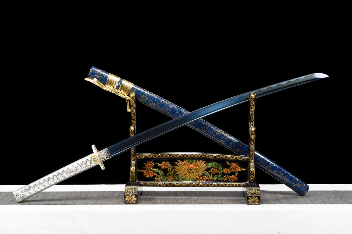 Handmade Blue Blade Katana Sword -Blue gold silver Real Japanese Samur ...